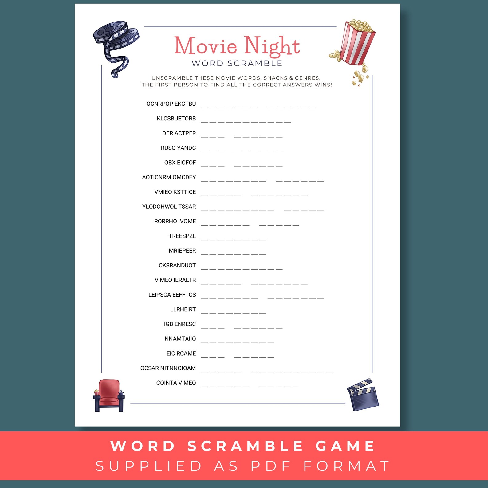 Movie Night Word Scramble Game: Printable Party Fun (PDF) - Etsy