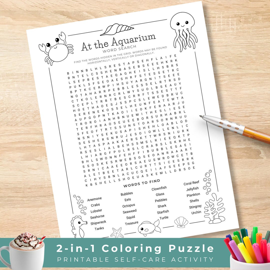 Aquarium Word Search Printable, Calming Ocean-themed Self-care Coloring ...