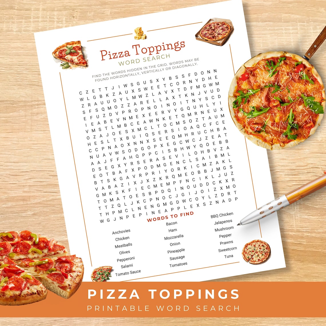 Pizza Word Search, Pizza Party Printable Game, Pizza Toppings, Pizza ...