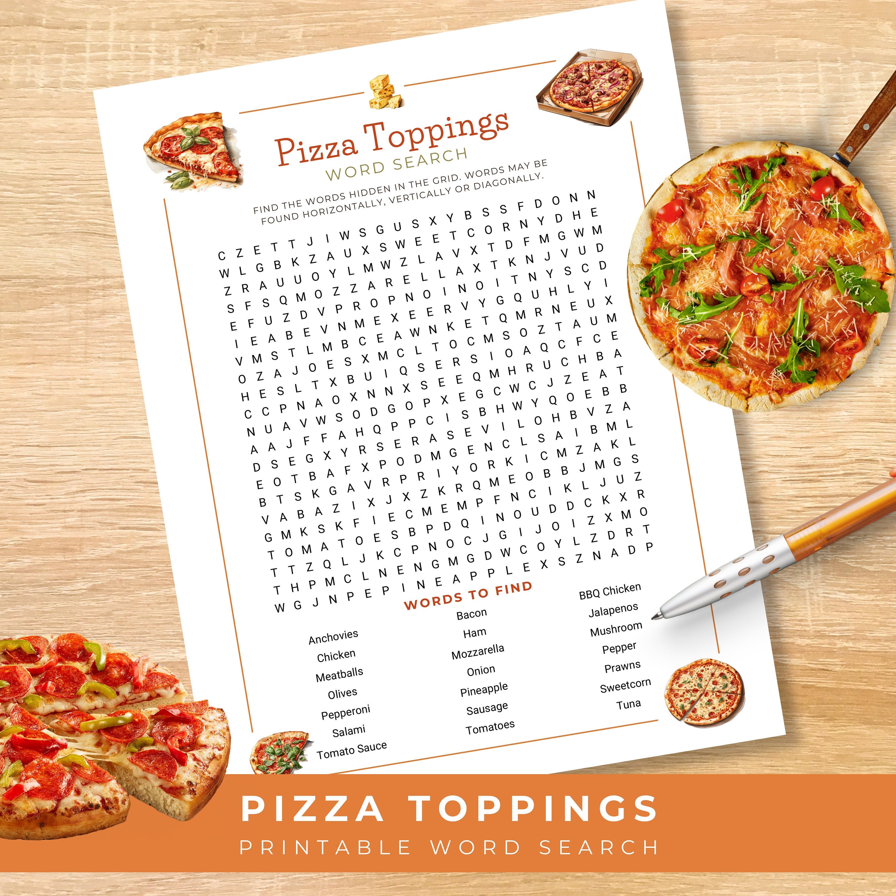 Pizza Word Search, Pizza Party Printable Game, Pizza Toppings, Pizza ...