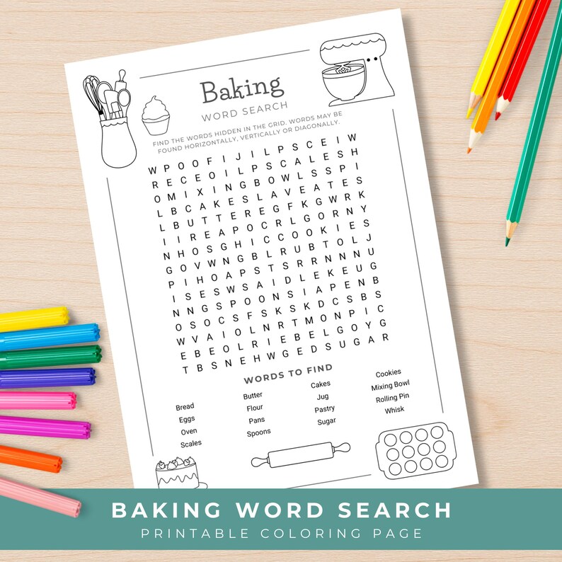 Printable Baking Word Search for Kids, Kitchen Coloring Activity for ...