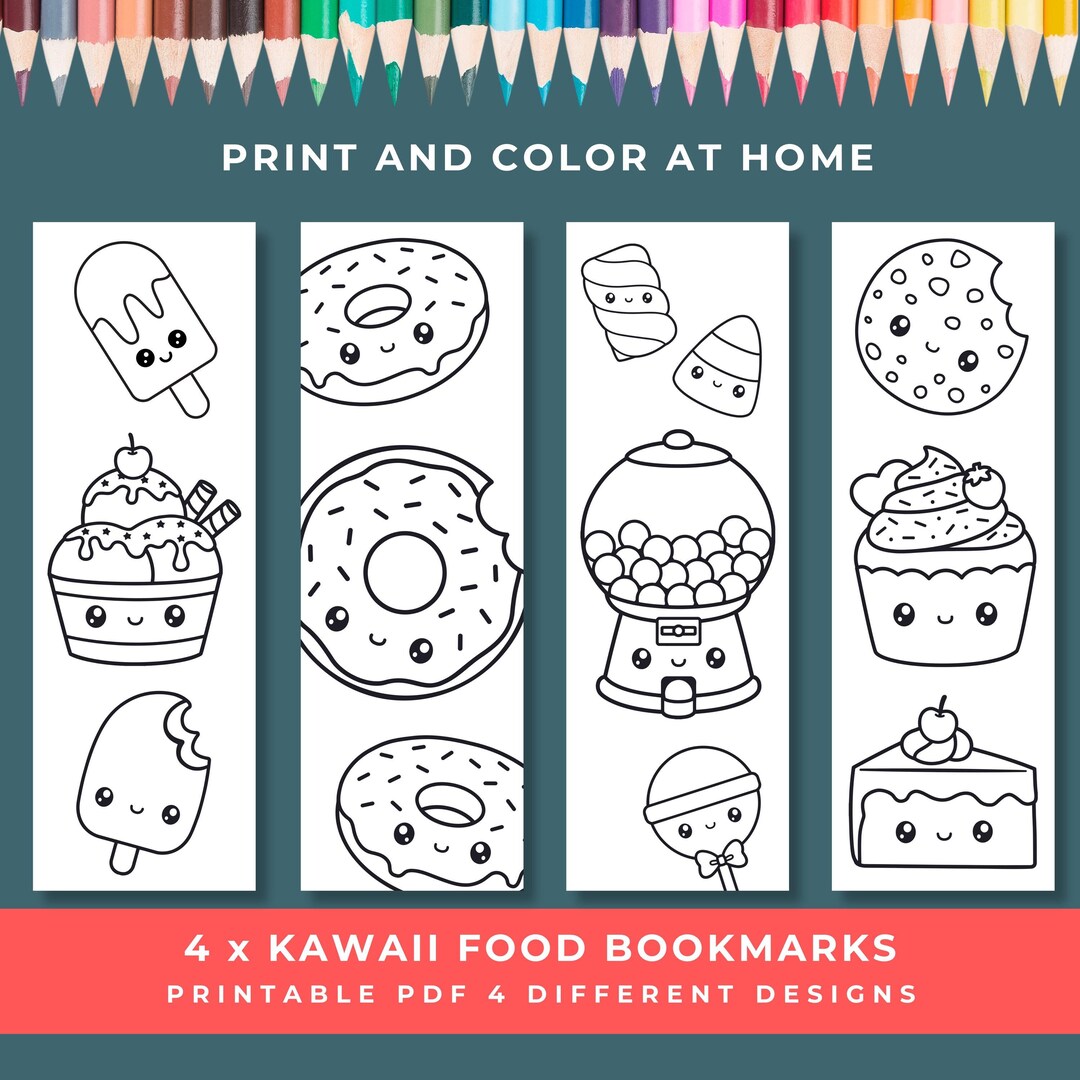 Kawaii Coloring Bookmarks, Cute Food Bookmarks to Color, Mindful ...