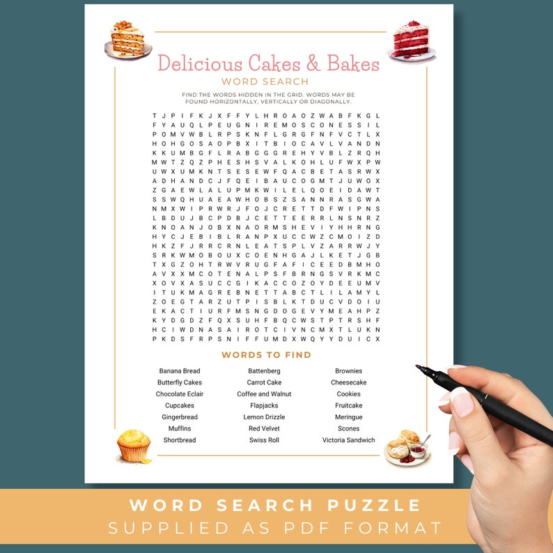 Cake Word Search, Cakes Printable Puzzle Game, Afternoon Tea Party ...