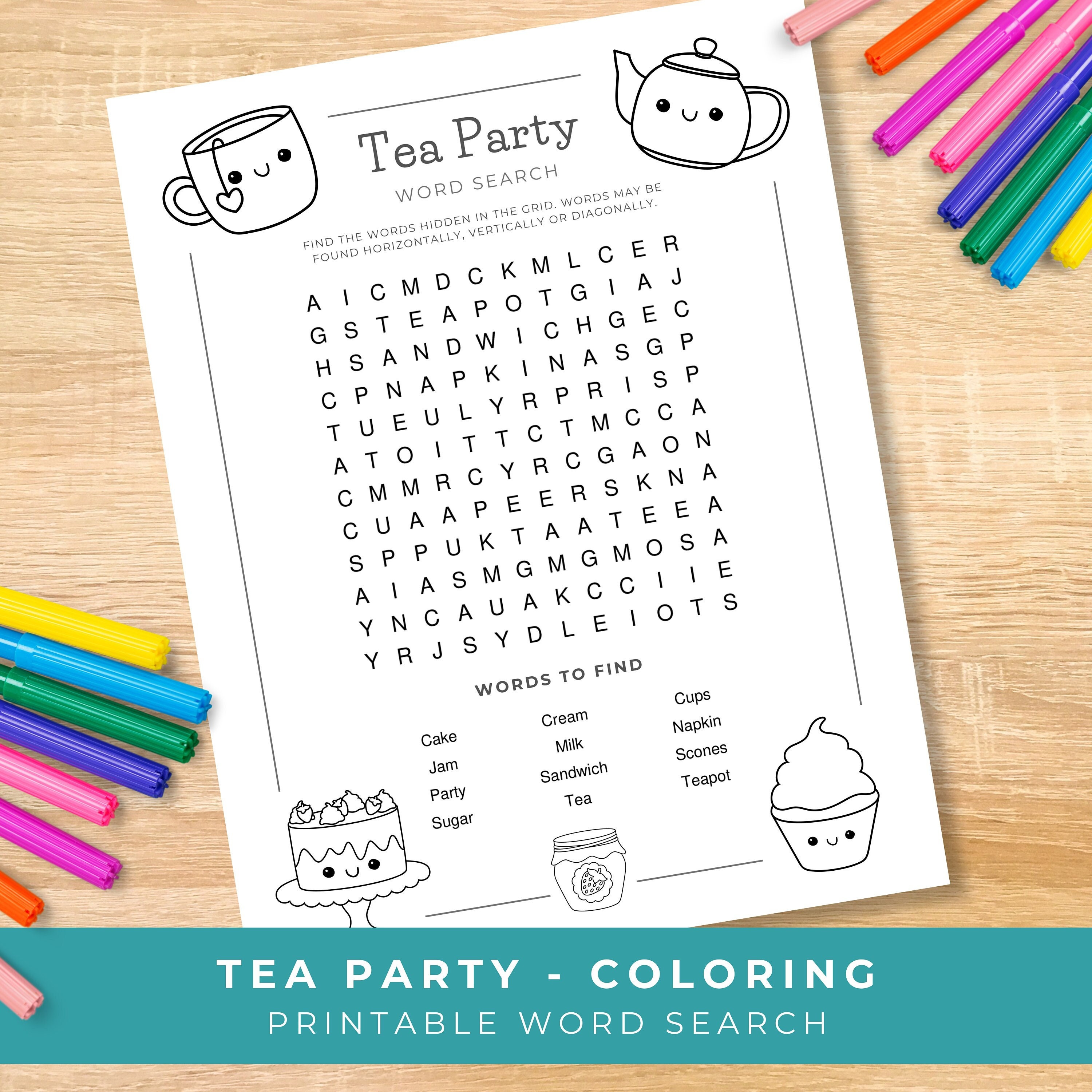 Tea Party Word Search for Kids, Printable Coloring Puzzle Children ...