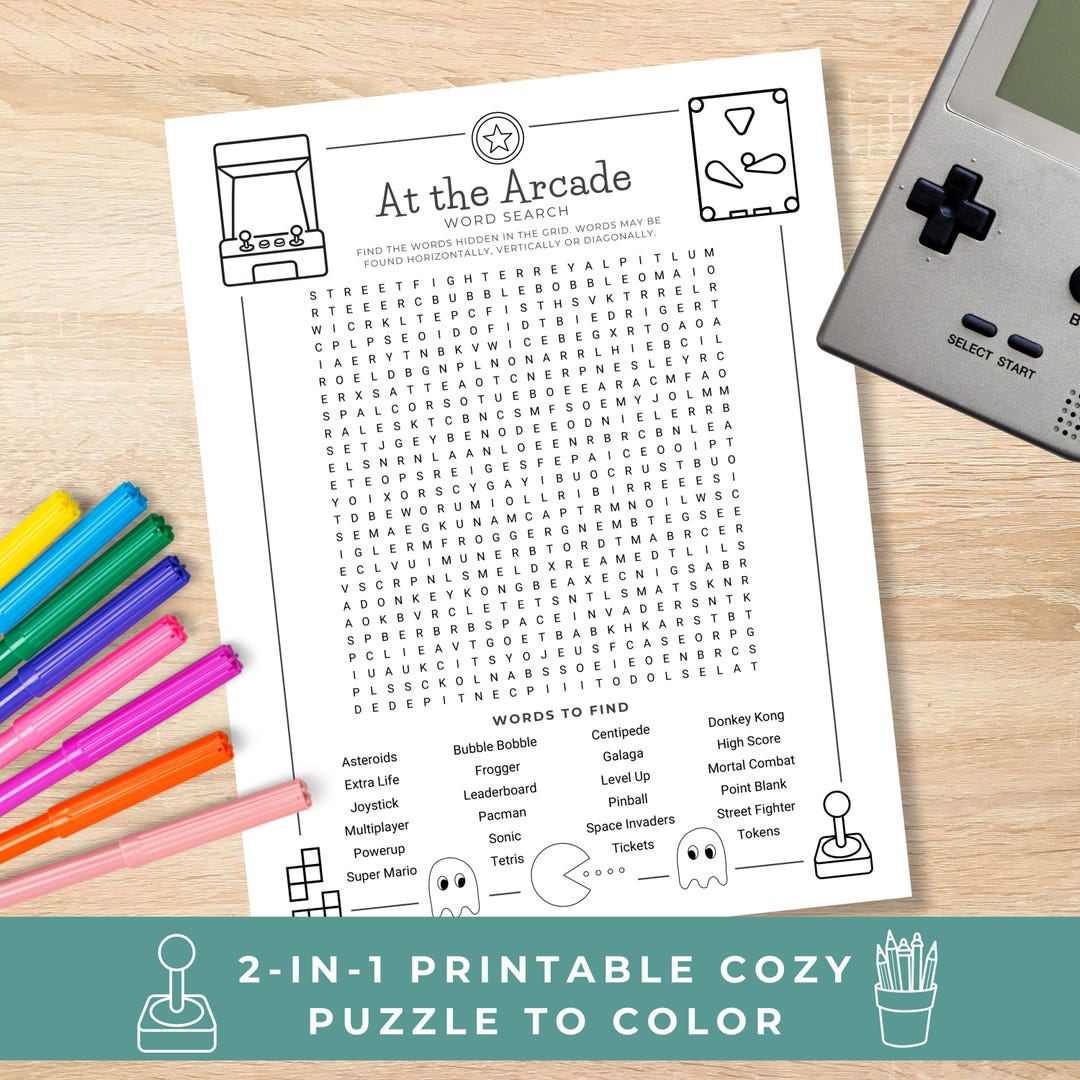Retro Arcade Word Search, Arcade Games Coloring Page, 80s Nostalgia ...
