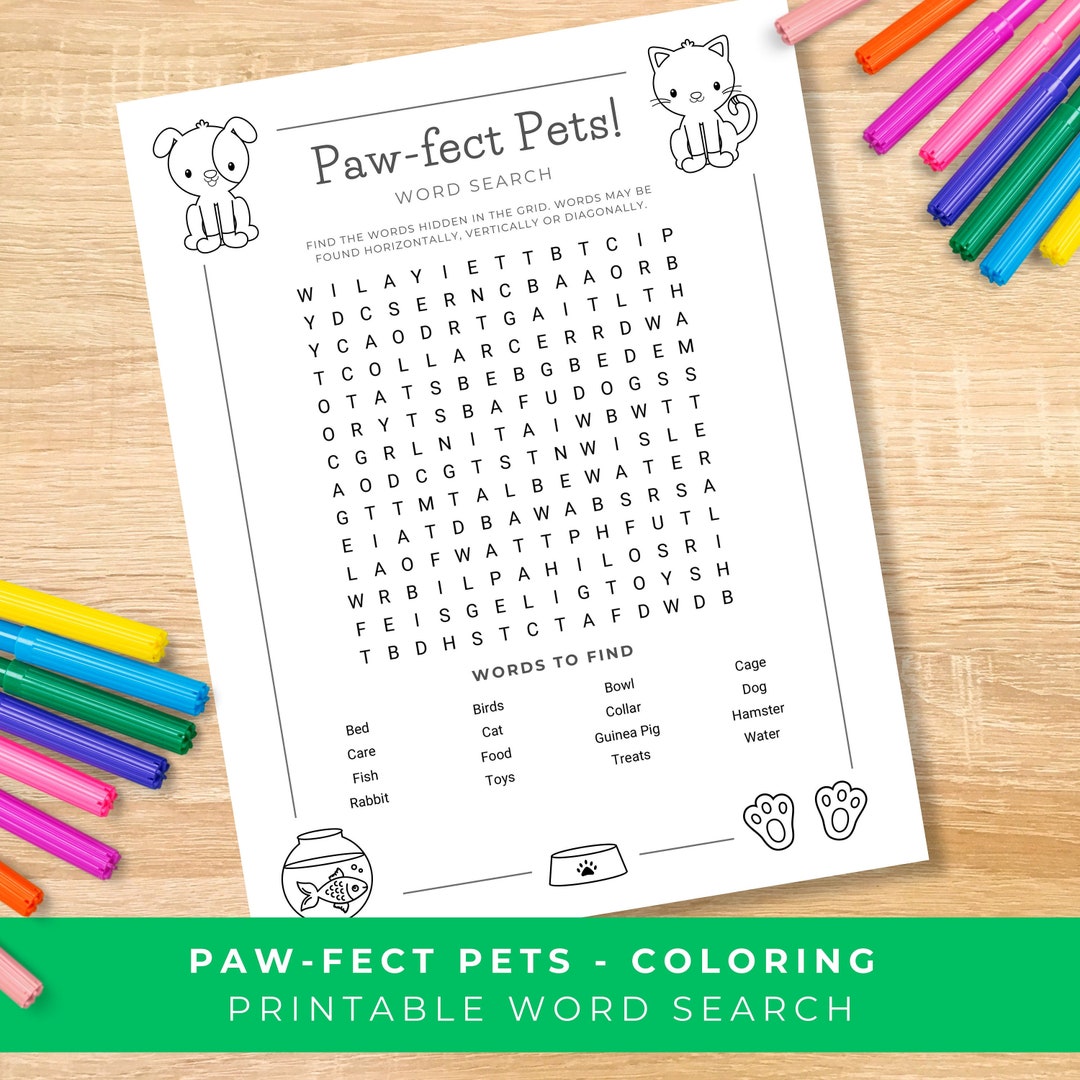 Pets Word Search for Kids, Animal Coloring Page for Children, New Pet ...