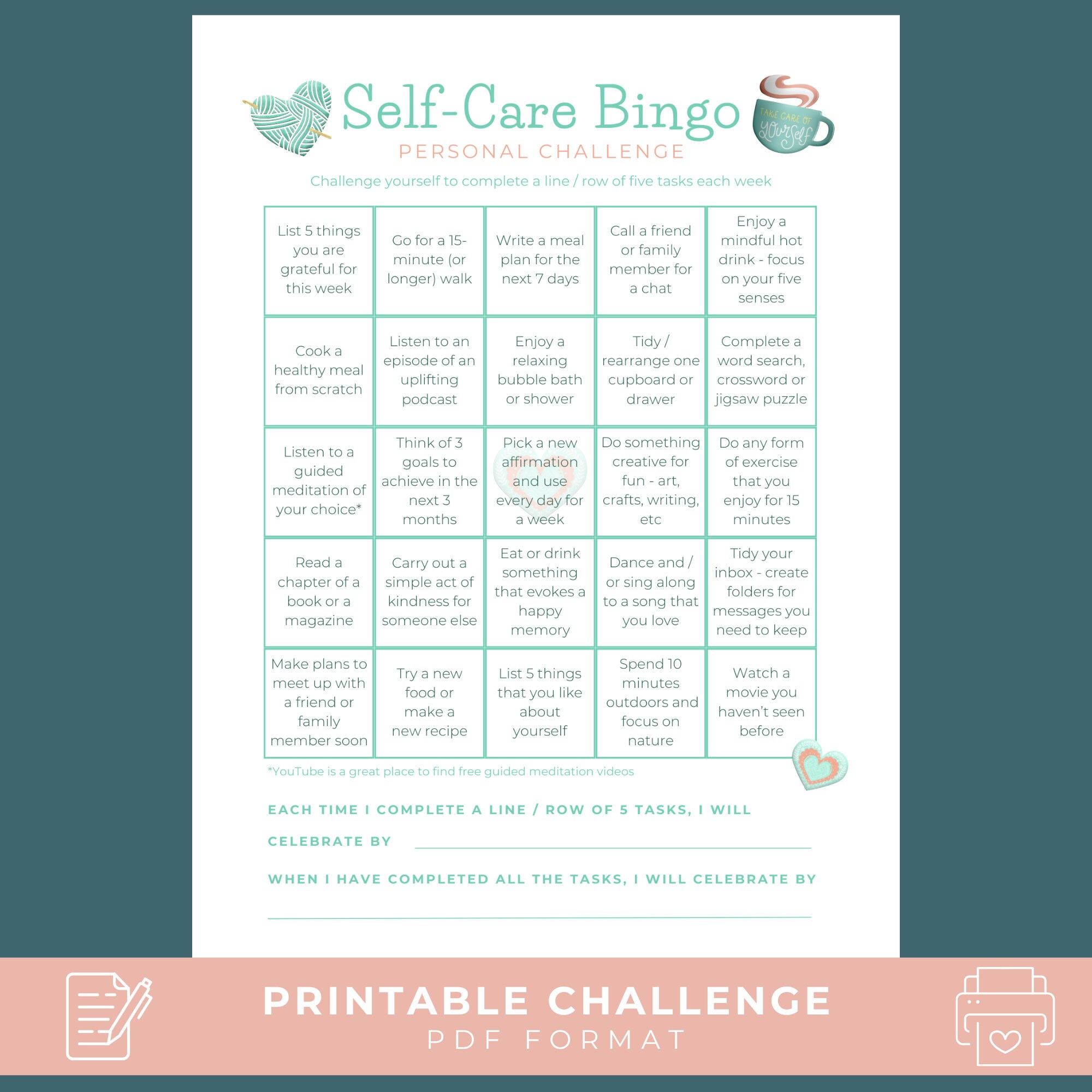 Self Care Bingo, Self-care Bingo, Self Care Printable Challenge, Mental ...
