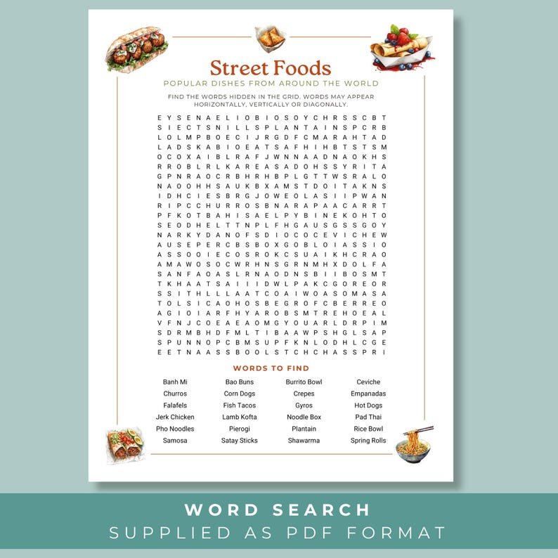 Dinner Party Game Printable, Street Food Word Search Puzzle, Game Night ...