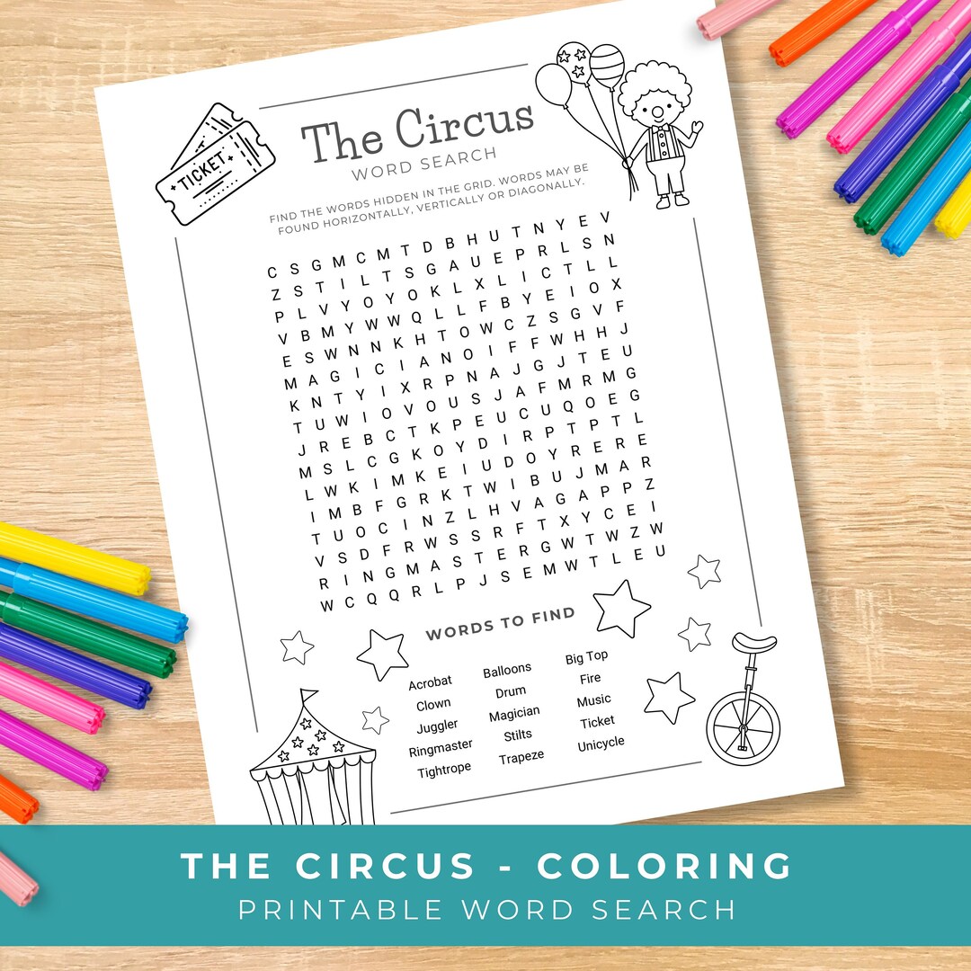 Circus Word Search for Kids, Printable Circus Coloring Page, Circus ...