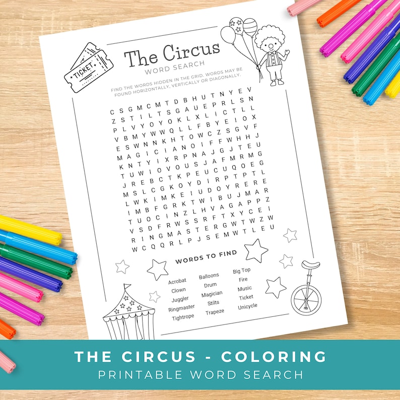 Circus Word Search for Kids, Printable Circus Coloring Page, Circus ...