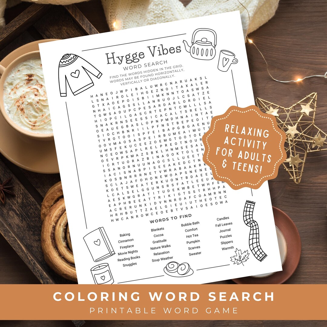 Hygge Coloring Page and Word Search, Cozy Self-care Activity, Stress ...