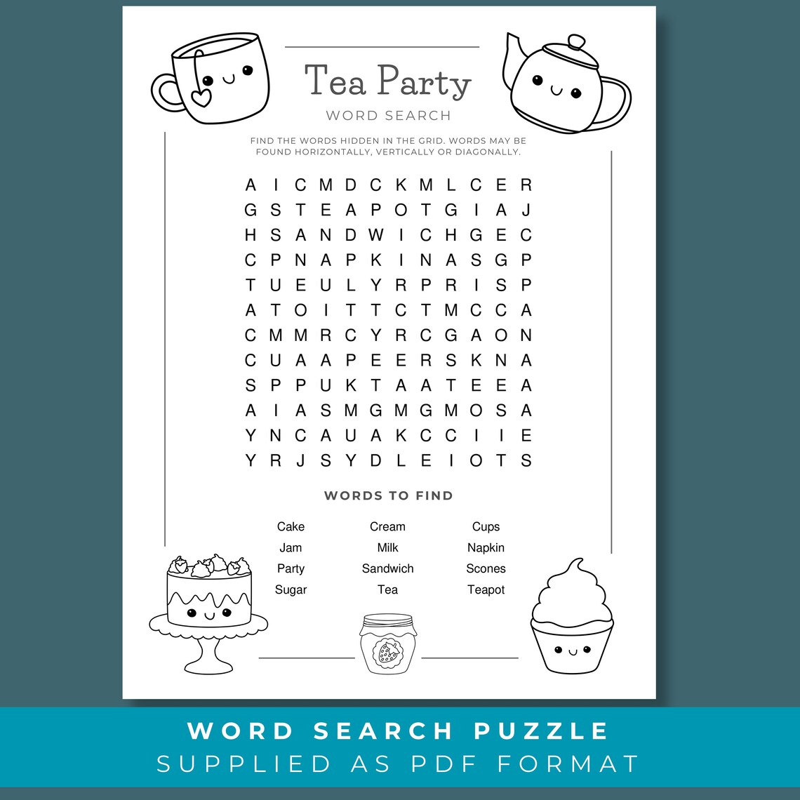 Tea Party Word Search for Kids, Printable Coloring Puzzle Children ...