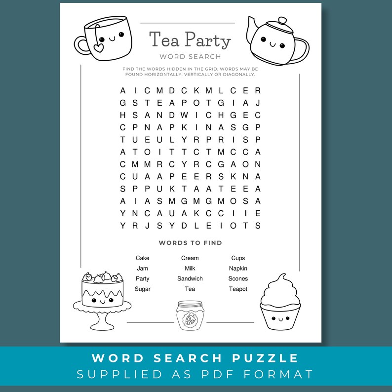 Tea Party Word Search for Kids, Printable Coloring Puzzle Children ...