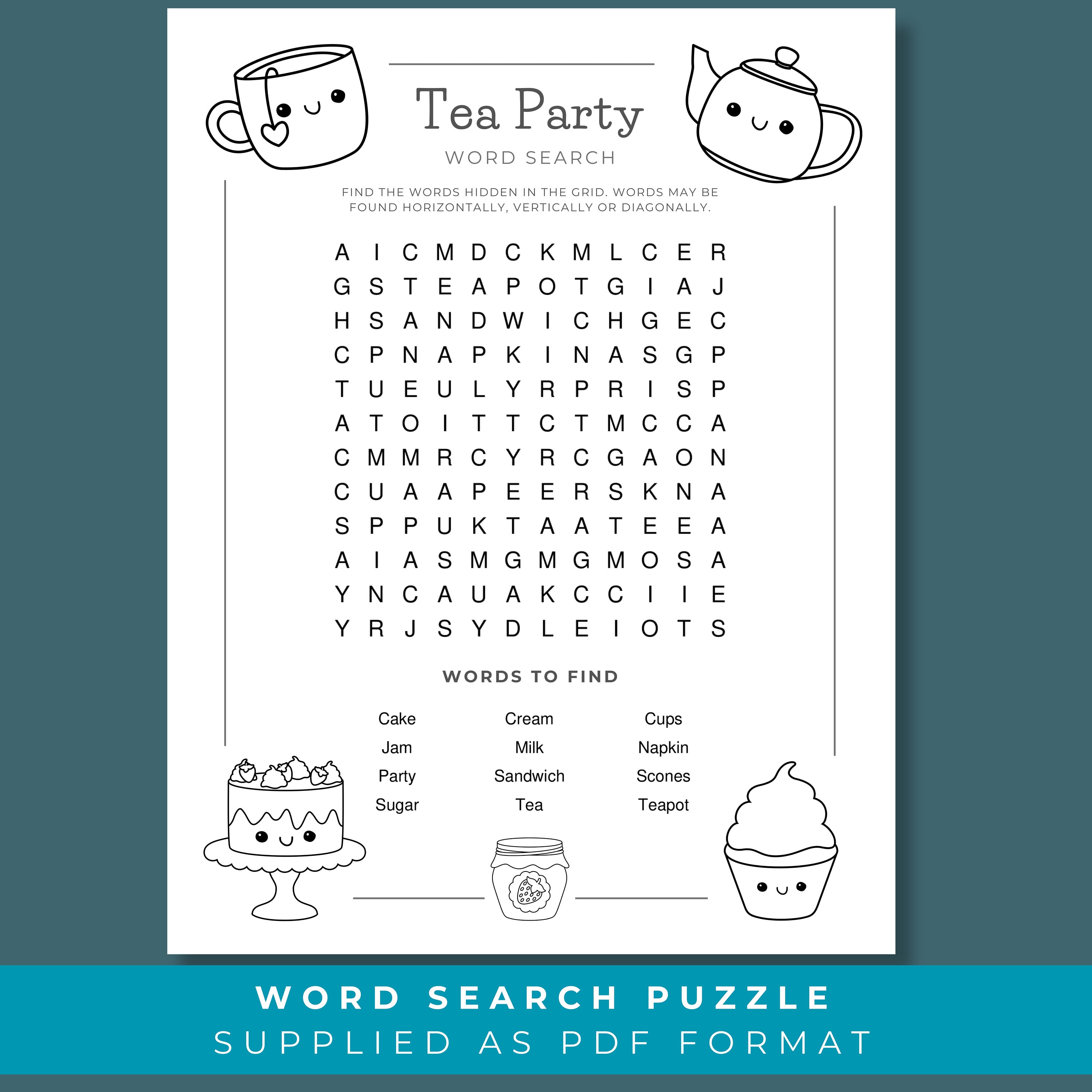 Tea Party Word Search for Kids, Printable Coloring Puzzle Children ...