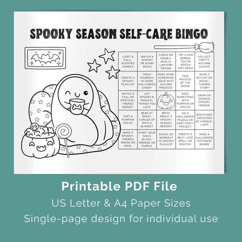 Halloween Self-care Bingo Coloring Page, Spooky Fall Wellbeing Activity ...