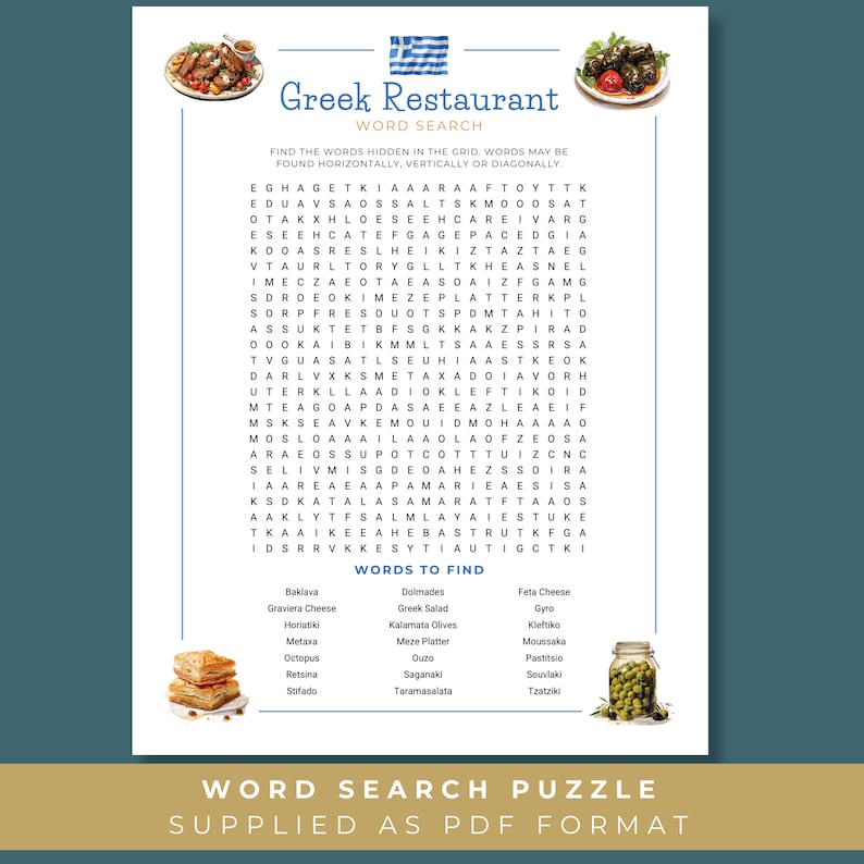 Greek Food Word Search, Printable Word Search, Greek Restaurant Game ...