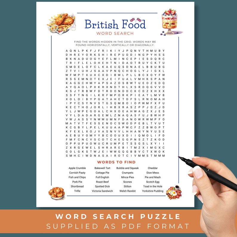 British Food Word Search, Printable British Cuisine Puzzle, Foodie ...