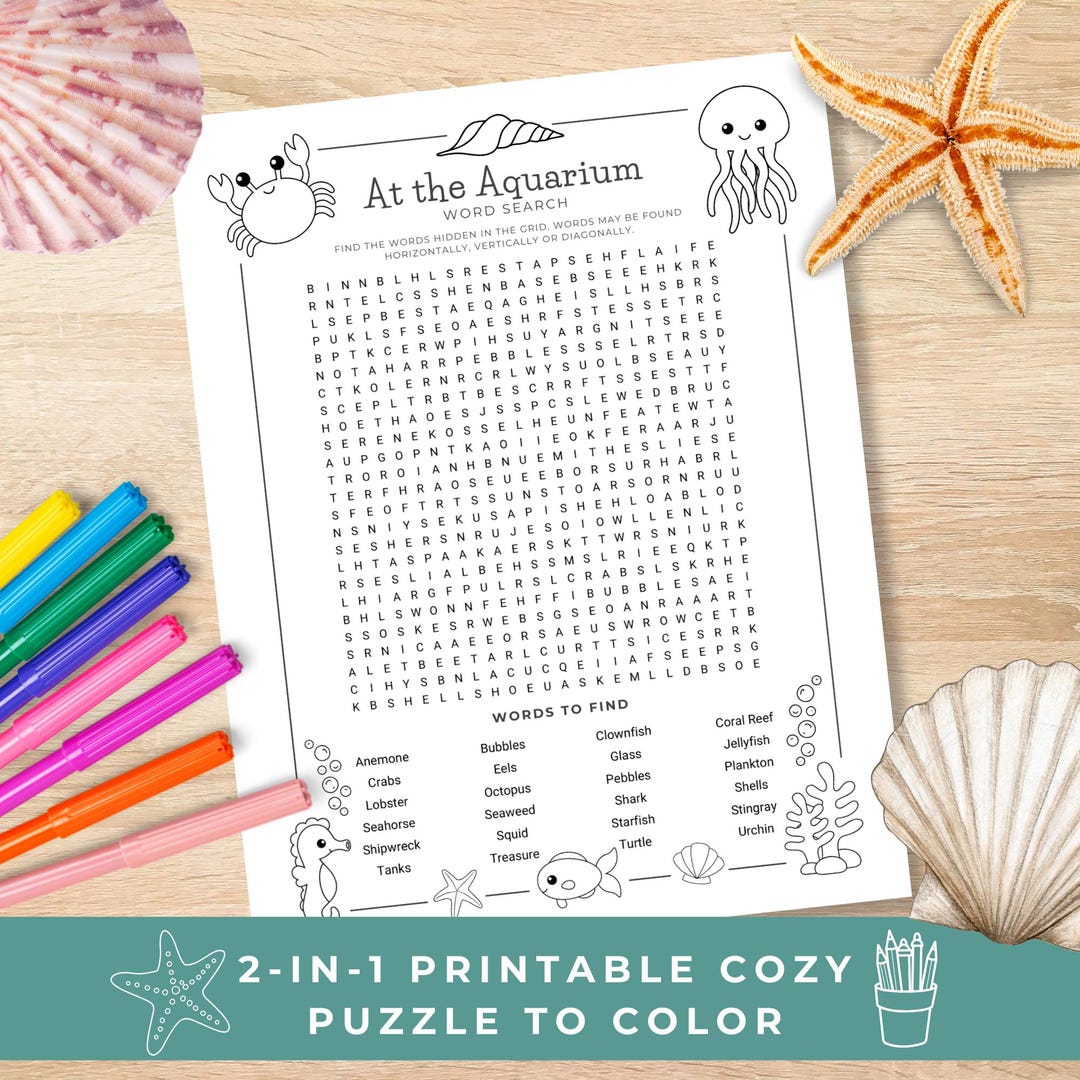 Aquarium Word Search and Coloring Page, Relaxing Ocean Puzzle for ...
