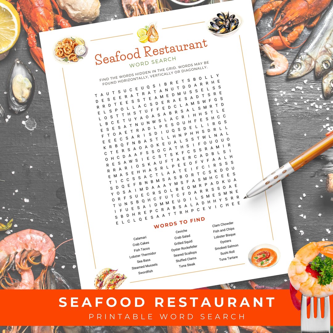 Fish and Seafood Word Search, Printable Seafood Restaurant Party Game ...