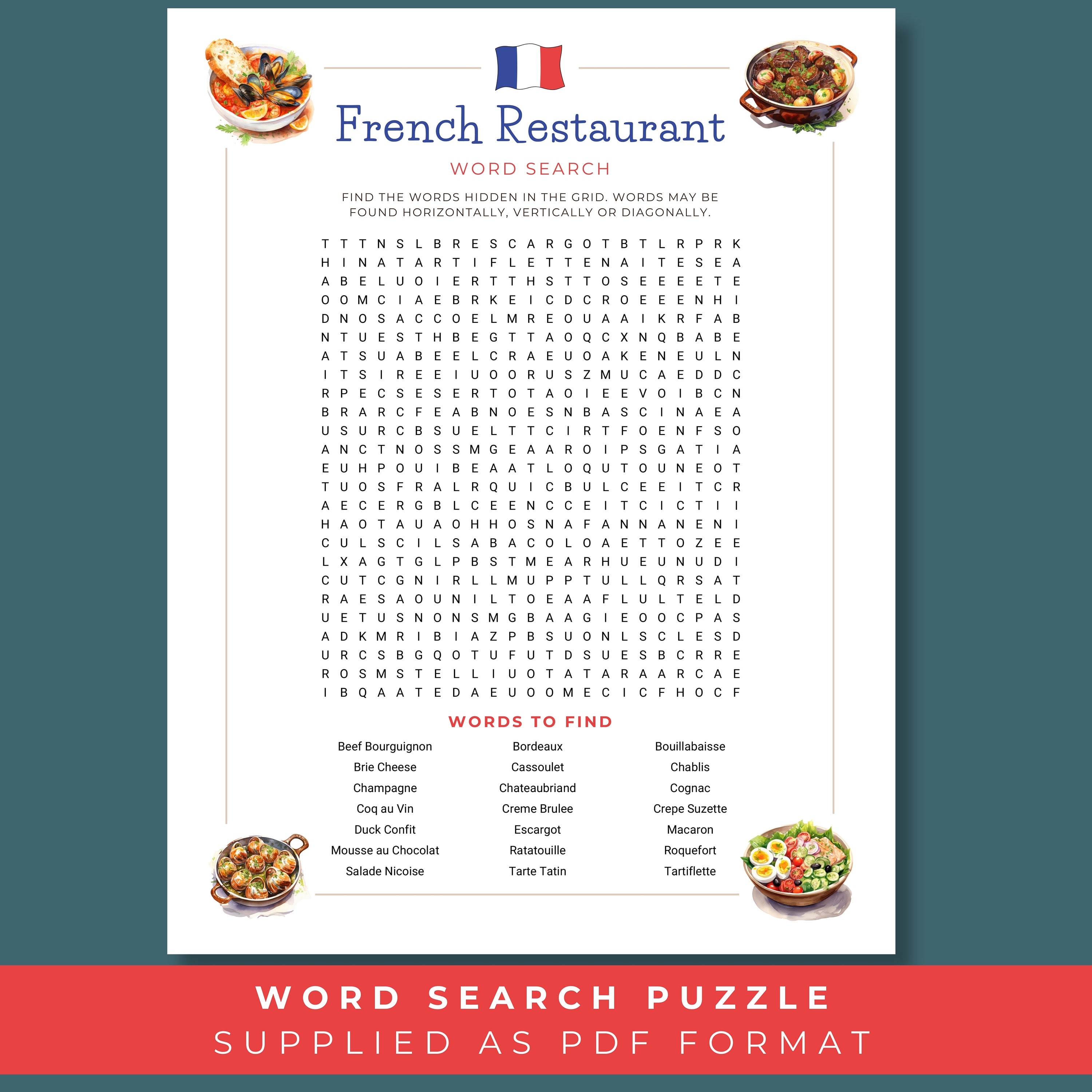 French Food Word Search, Printable Dinner Party Games for Adults ...