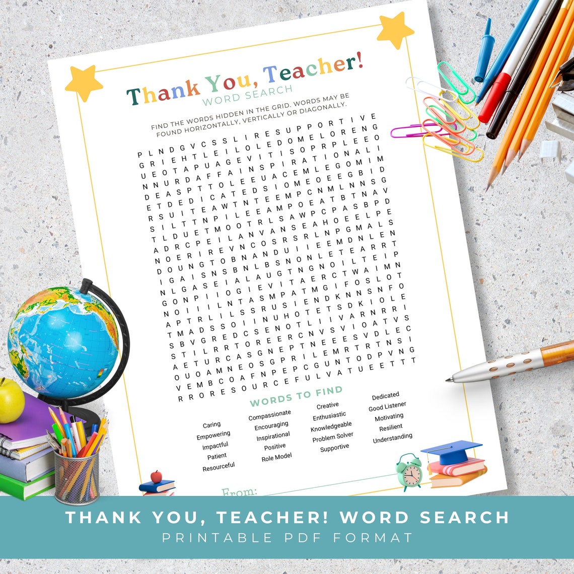 Teacher Appreciation, Thank You Teacher Printable Word Search, Novelty ...