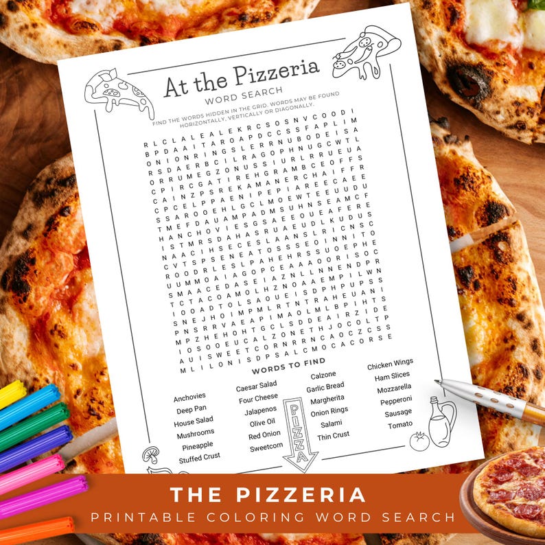Printable Pizza Word Search for Adults, Pizzeria Food Coloring Puzzle ...