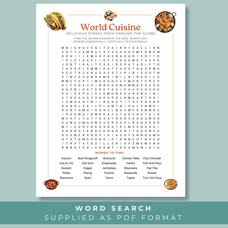 Dinner Party Game Printable, World Food Word Search, Dinner Table ...