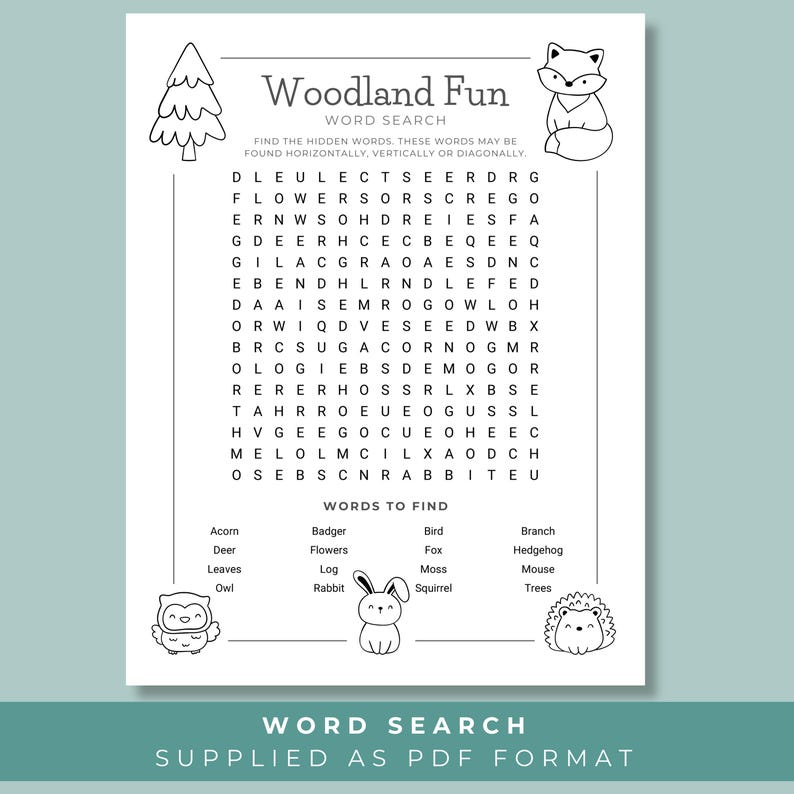 Woodland Animals Word Search for Kids, Printable Woodland Baby Shower ...