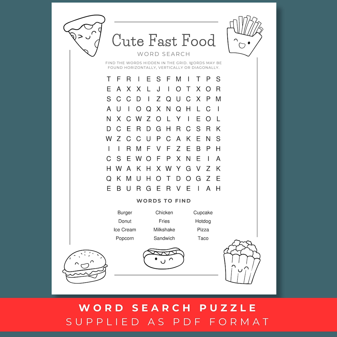 Fast Food Word Search for Kids, Printable Coloring Sheet, Party ...