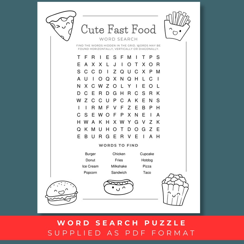 Fast Food Word Search for Kids, Printable Coloring Sheet, Party ...