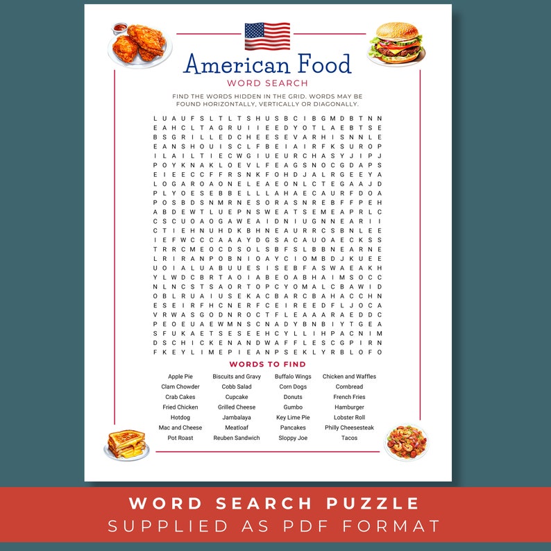 American Food Word Search, Printable Word Games for Adults, USA Food ...