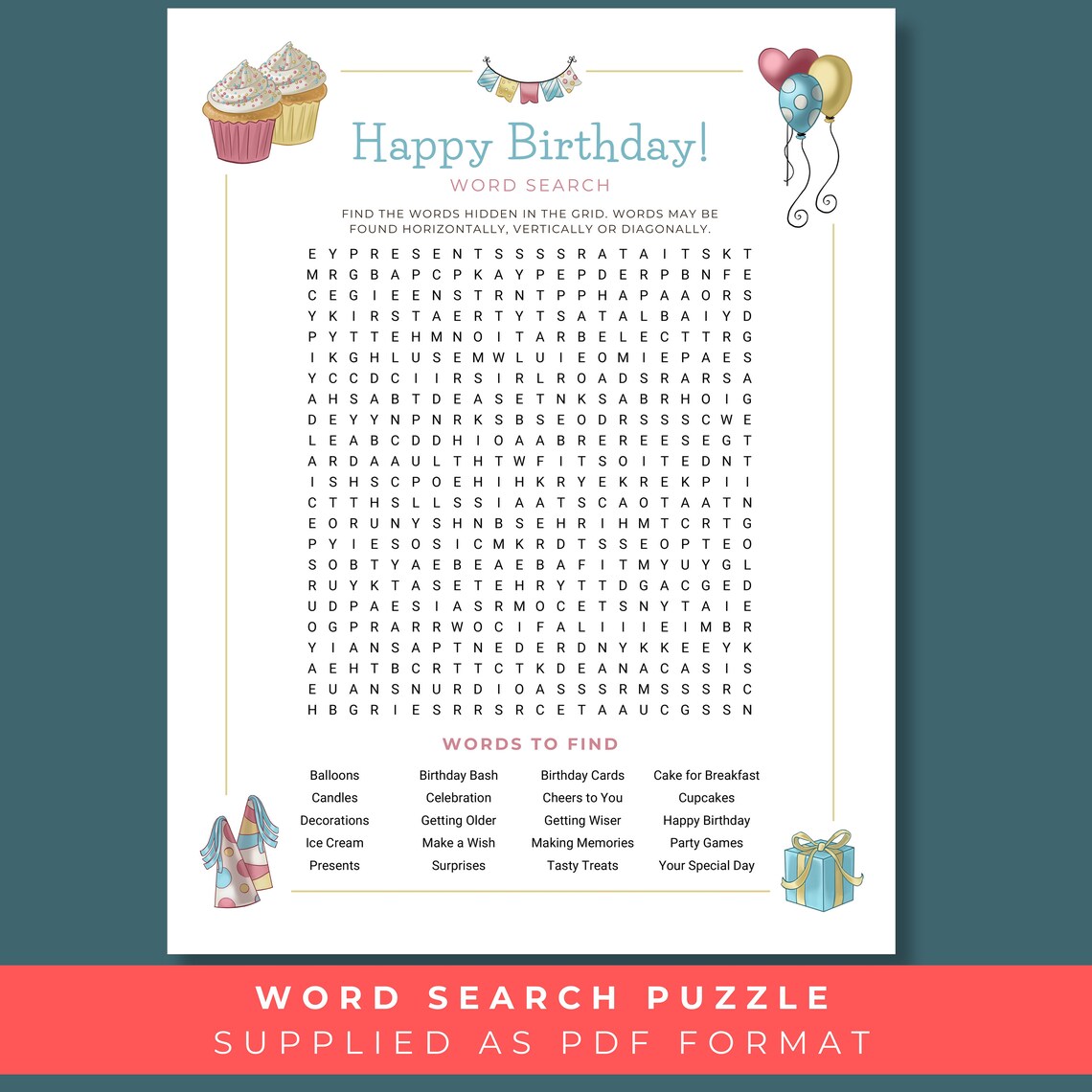 Happy Birthday Word Search, Printable Party Game, Office Birthday ...