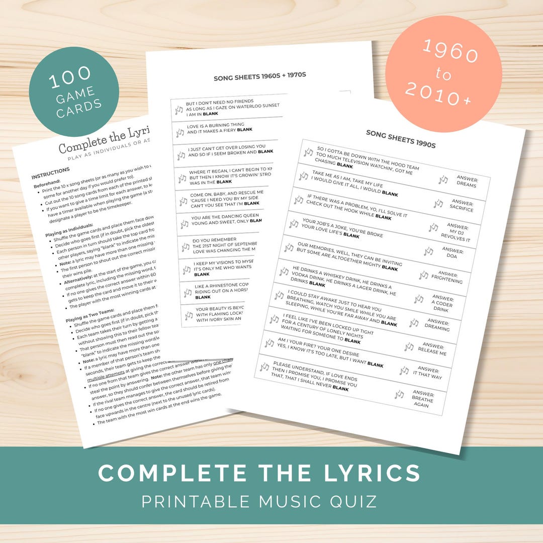 Music Lyrics Quiz, Music Party Game, Pop Songs Triva Game, Office Party ...