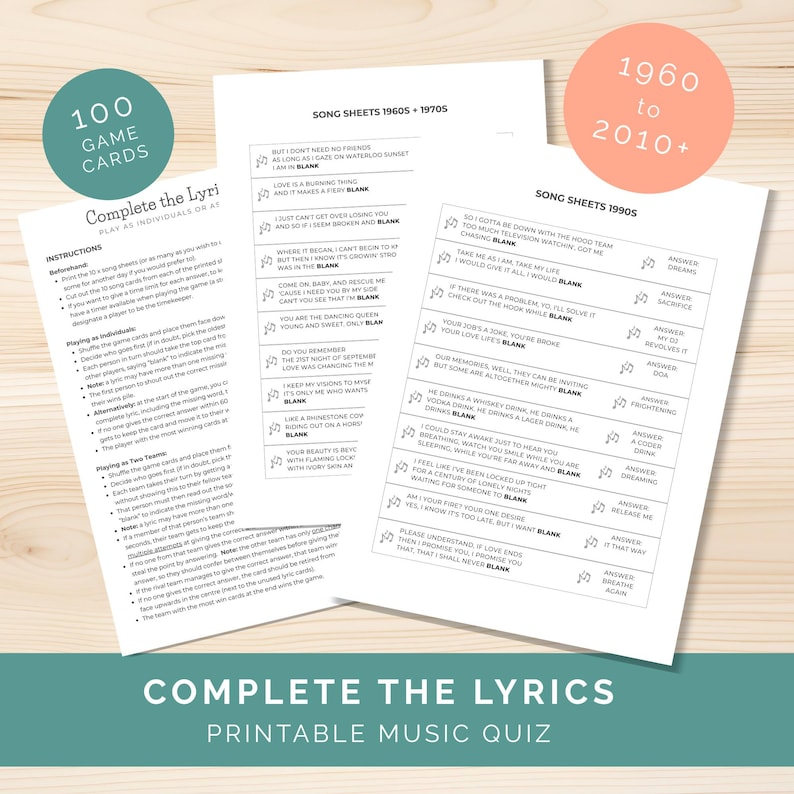 Printable Music Quiz Party Game, Pop Songs Triva Game for Adults ...