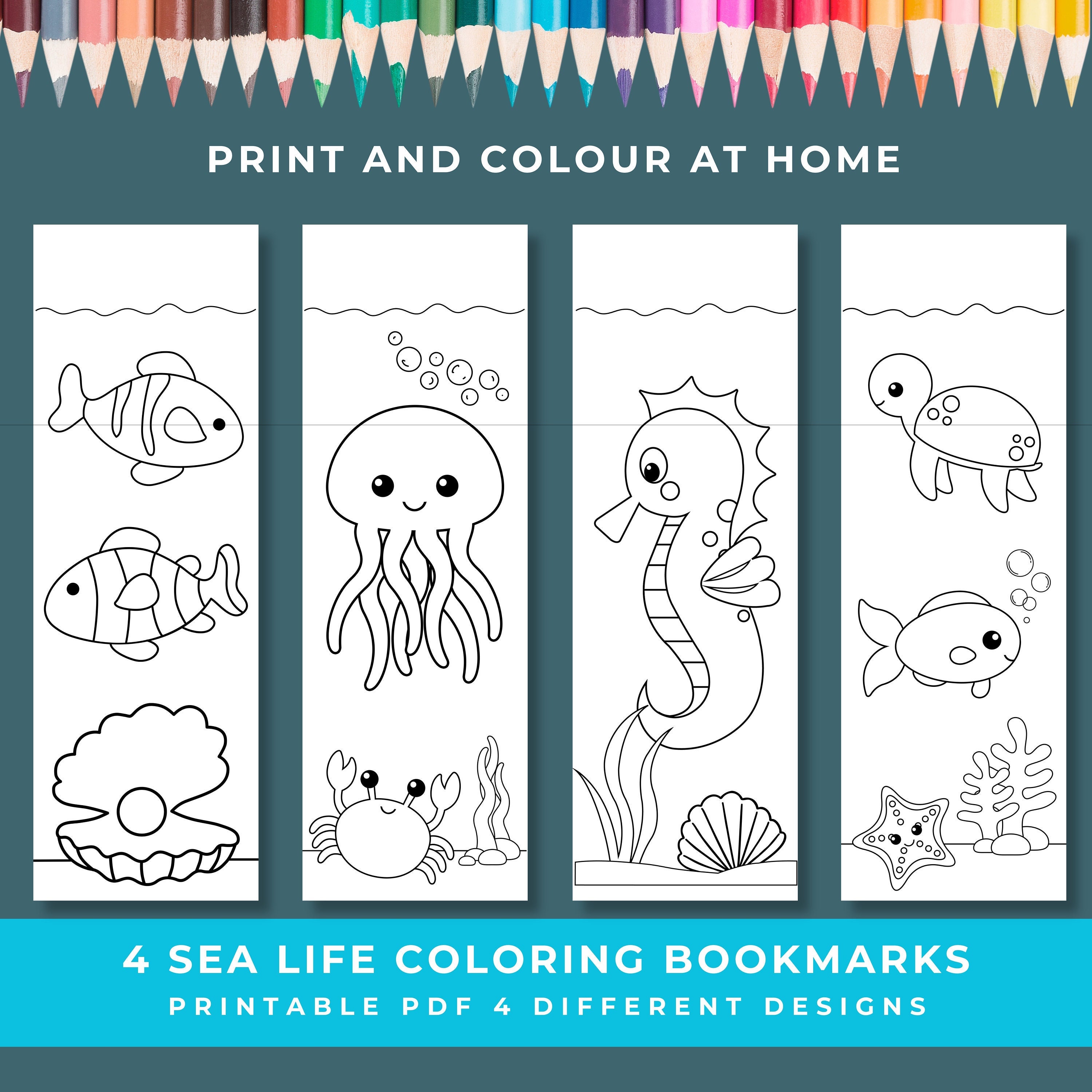Sea Life Coloring Bookmarks, Ocean Printable Bookmarks to Color In ...