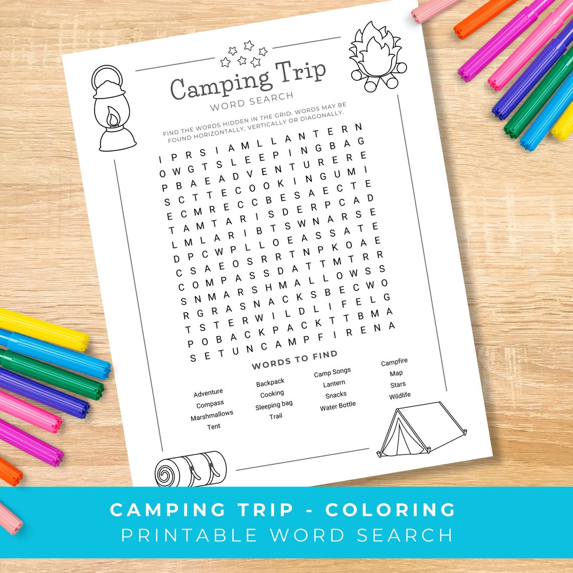 Camping Word Search for Kids, Printable Camping Trip Coloring Page ...