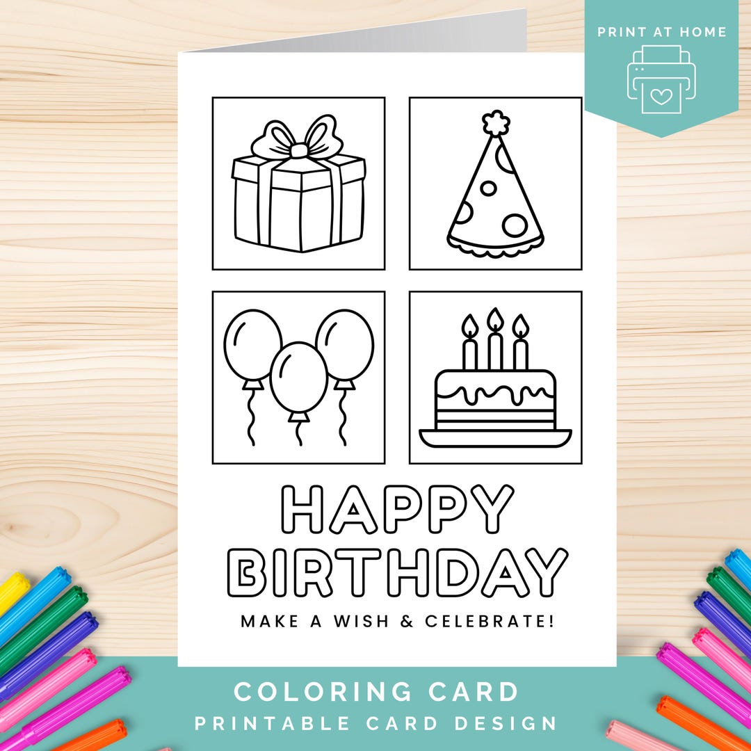 Printable Birthday Coloring Card, Happy Birthday Card to Color, Kids ...
