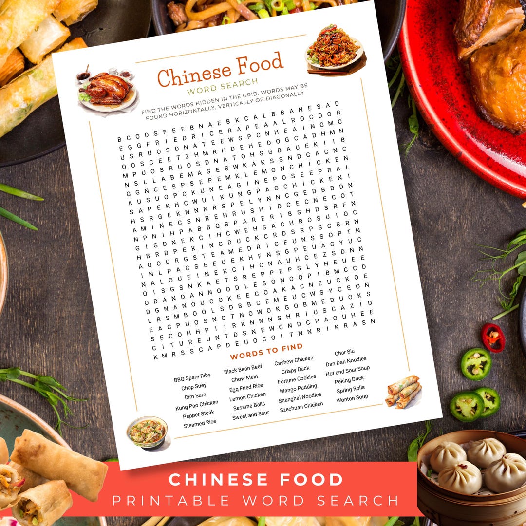 Chinese Food Word Search, Printable Dinner Party Game, Lunar New Year ...