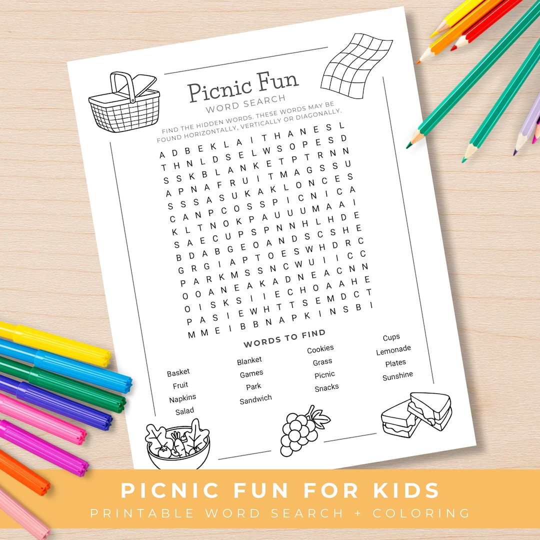 Kids Picnic Word Search Printable, Family Picnic Day Activity, Park Day ...