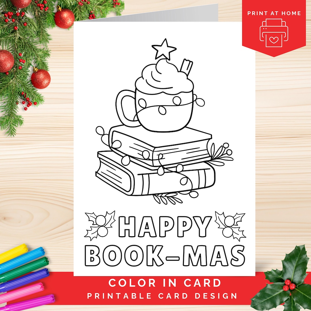 Happy Book-mas Coloring Card, Printable Christmas Card for Book Lovers ...