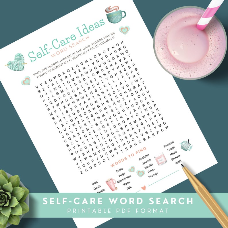 Self-care Word Search, Self Care Printable Word Game, Self-care List ...
