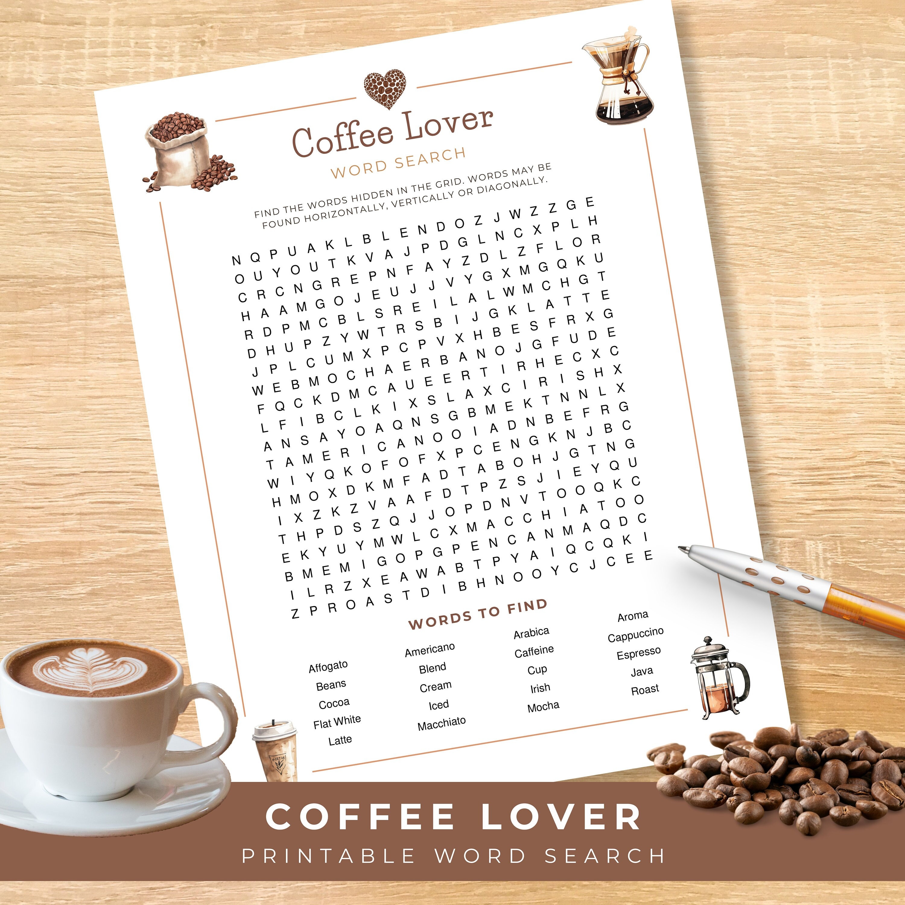 Coffee Word Search, Coffee Lover Printable Game, Adult Word Search ...