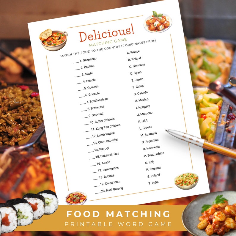 Dinner Party Games, Printable Word Matching Game, Food Game, Dinner ...