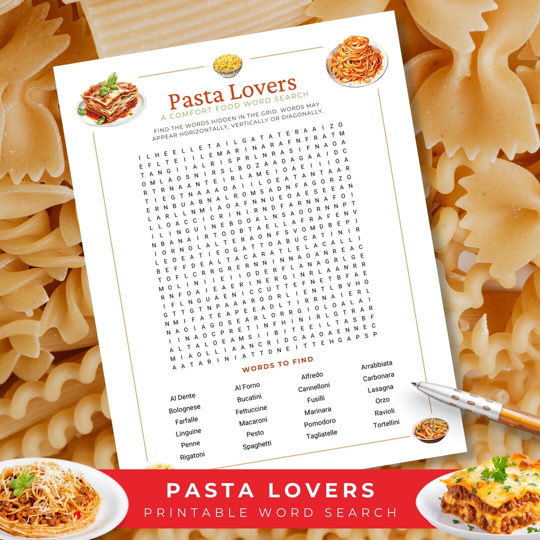 Pasta Word Search, Printable Dinner Party Game, Date Night or Family ...