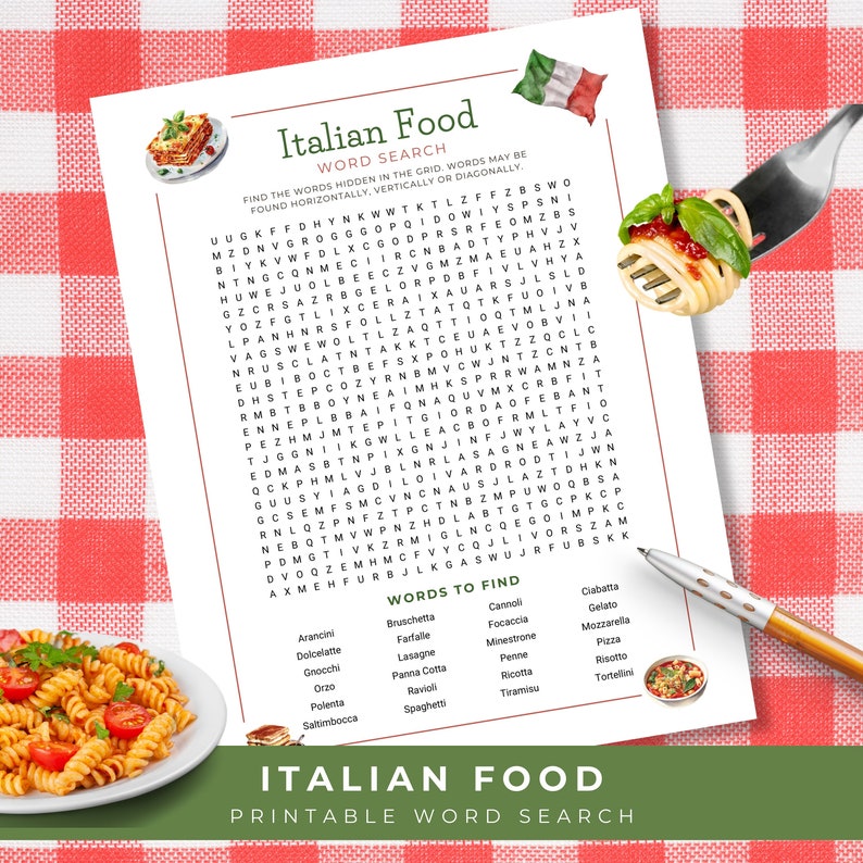 Italian Food Word Search, Pasta Printable Puzzle, Food Games for Adults ...