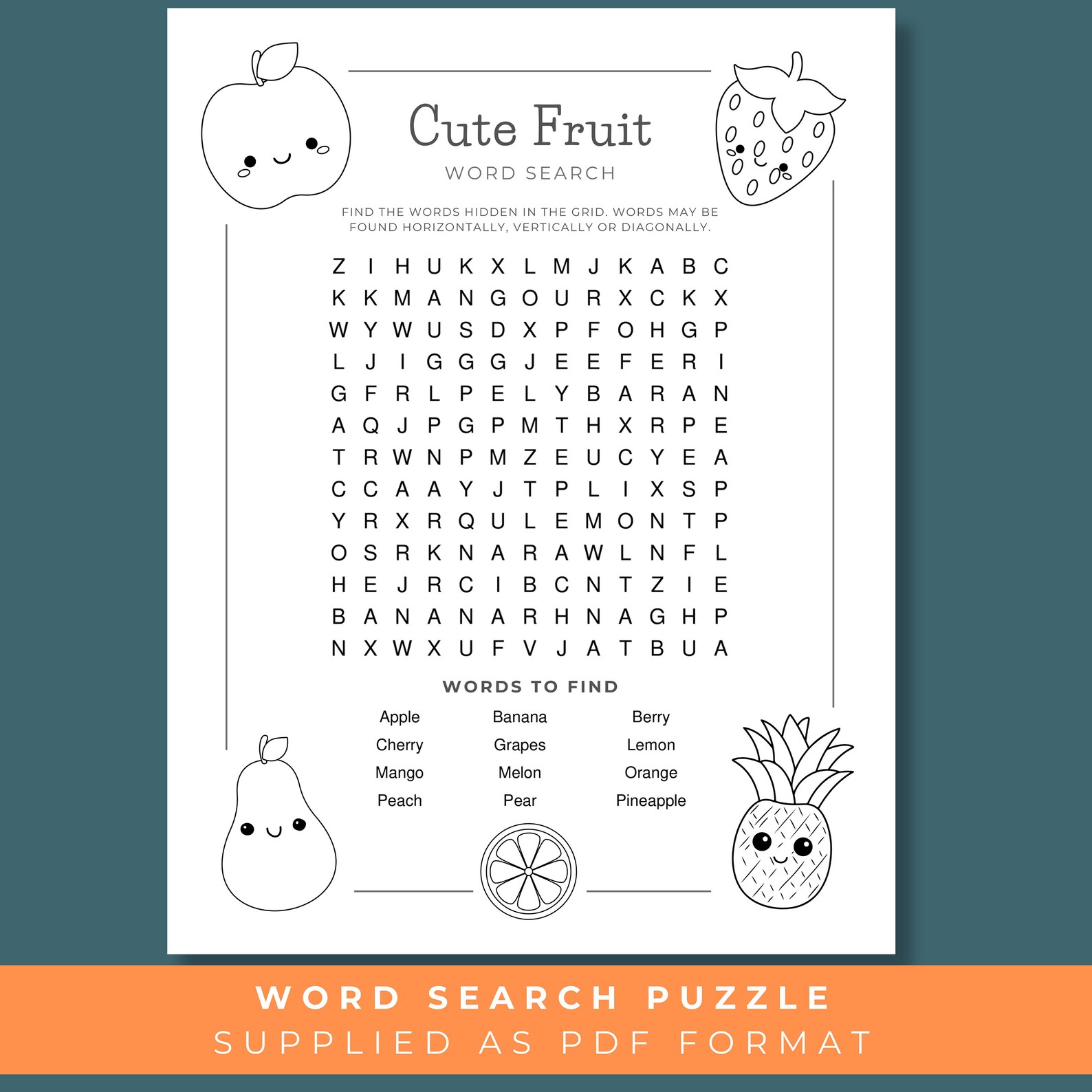 Cute Fruit Word Search for Kids, Printable Coloring Page Children ...