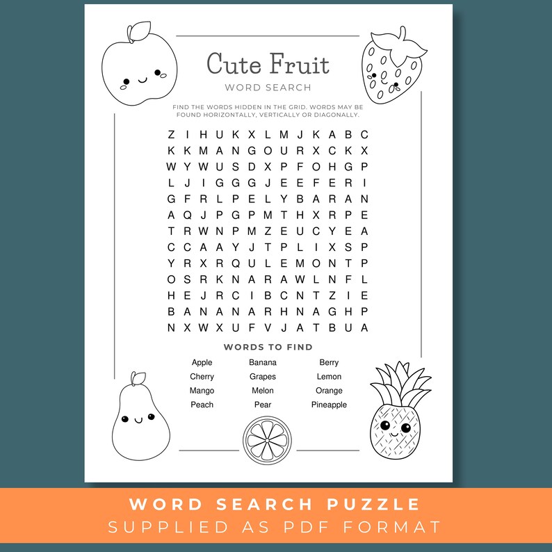 Cute Fruit Word Search for Kids, Printable Coloring Page Children ...