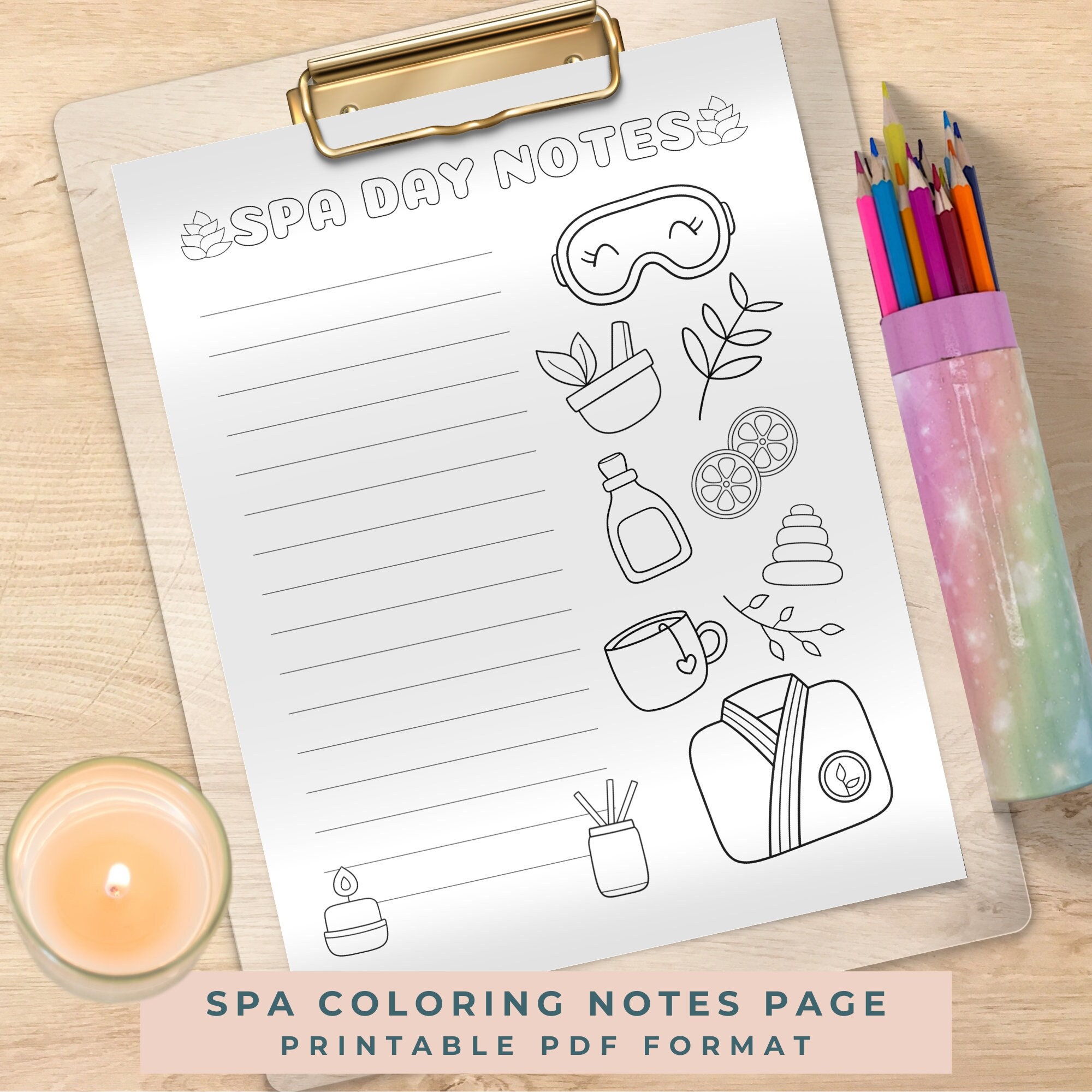 Spa Coloring Sheet, Spa Day Notes Printable Colouring Page, Spa Party ...
