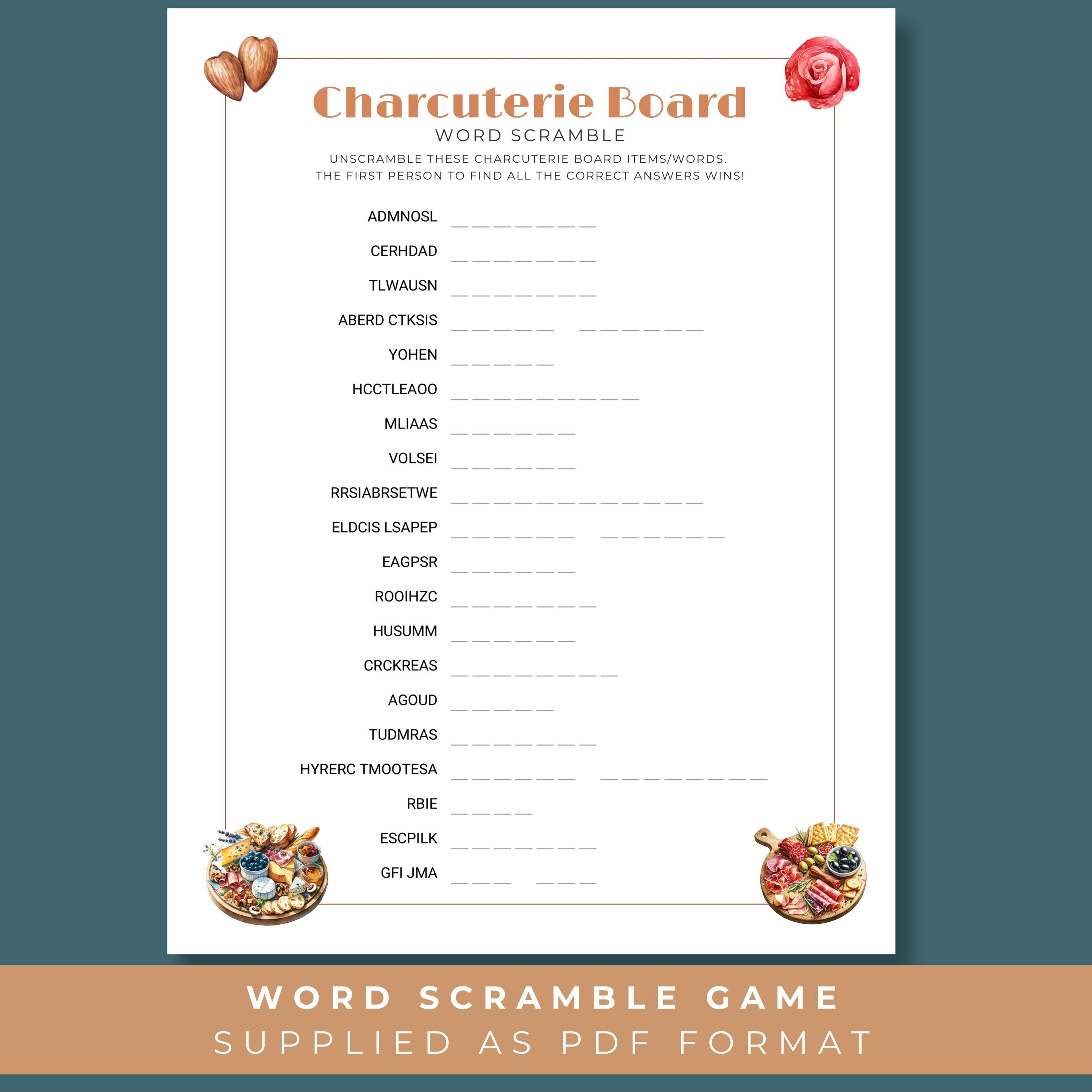 Charcuterie Word Scramble Game: Printable Dinner Party Activity ...