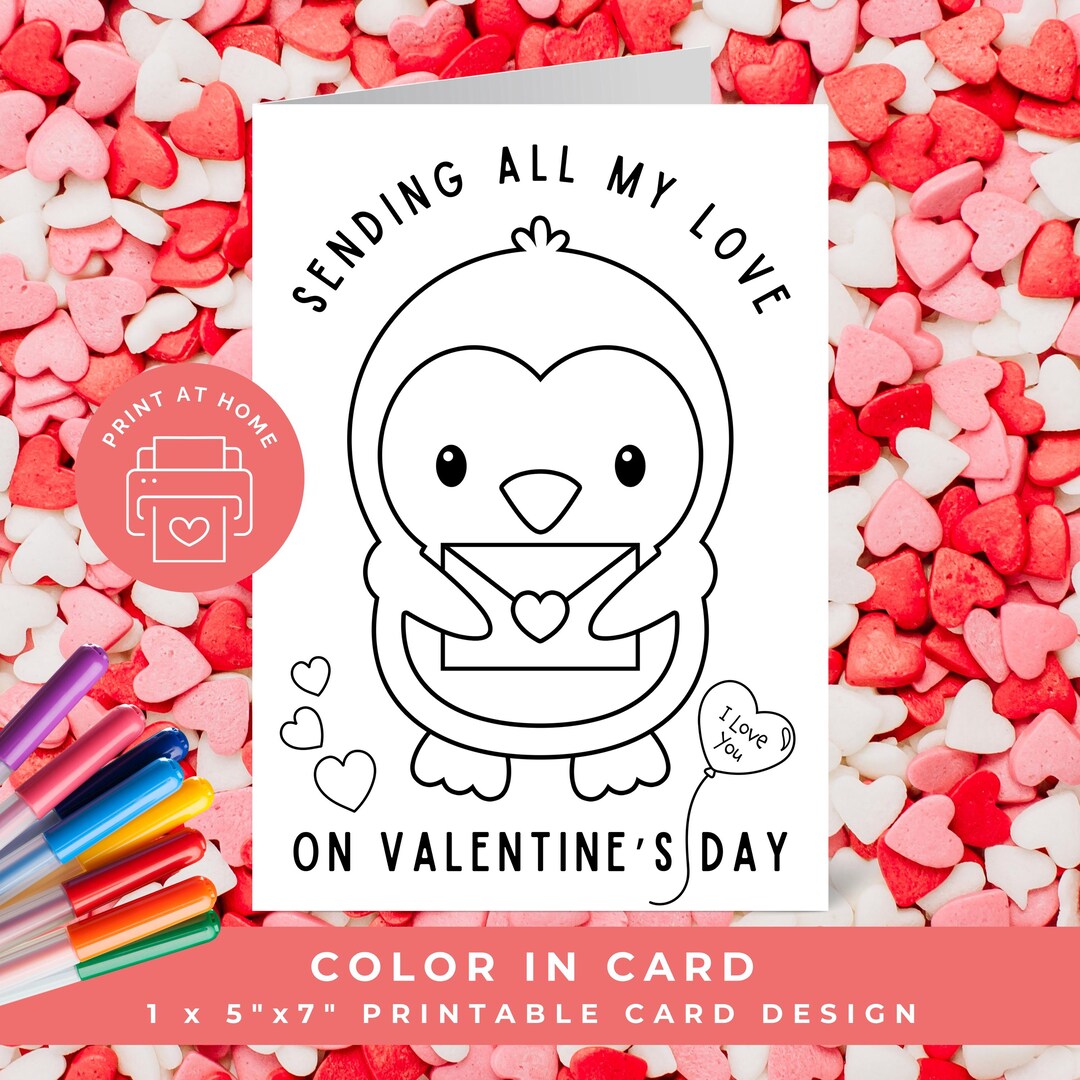 Printable Valentines Card to Color, Valentine's Day Coloring Cards, DIY ...